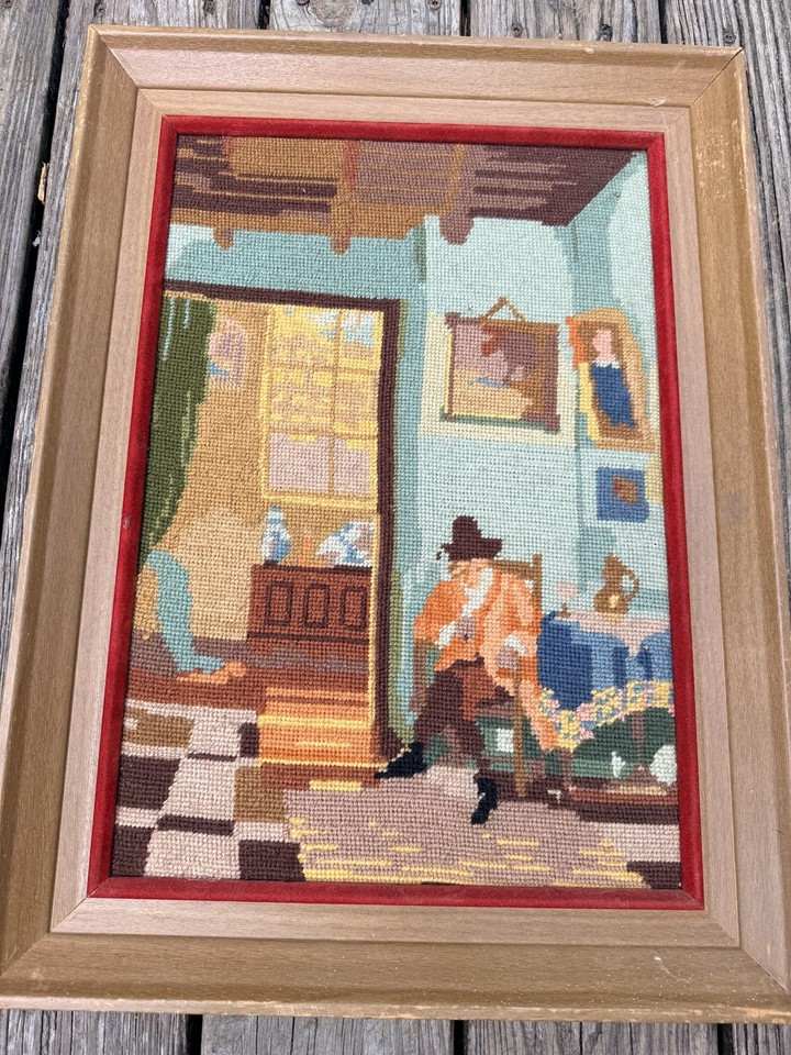 Vintage Wood Frame Victorian Colonial Style Needlepoint Picture | eBay