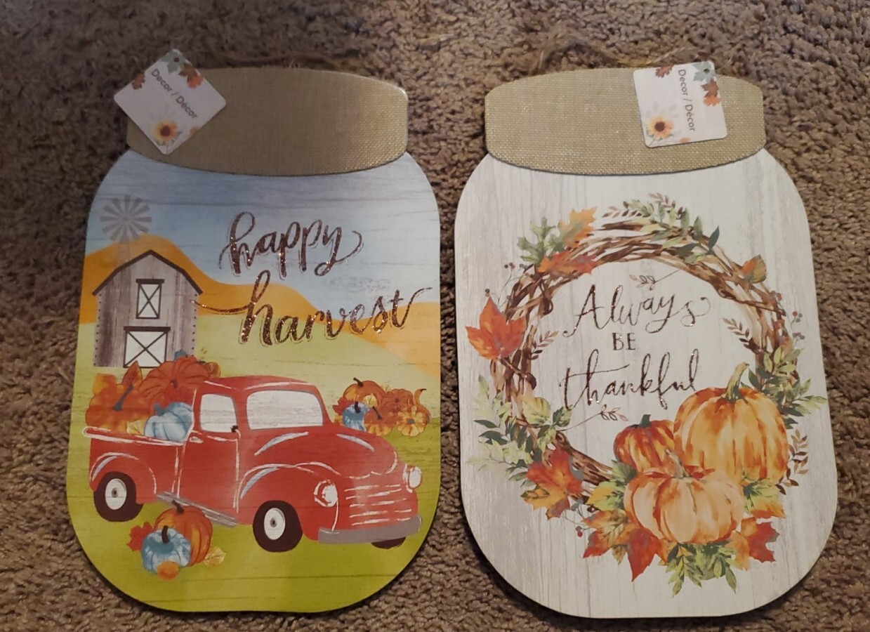 NEW Set Of 2 - Autumn Fall Harvest Decorative Harvest Mason Jar Wood ...