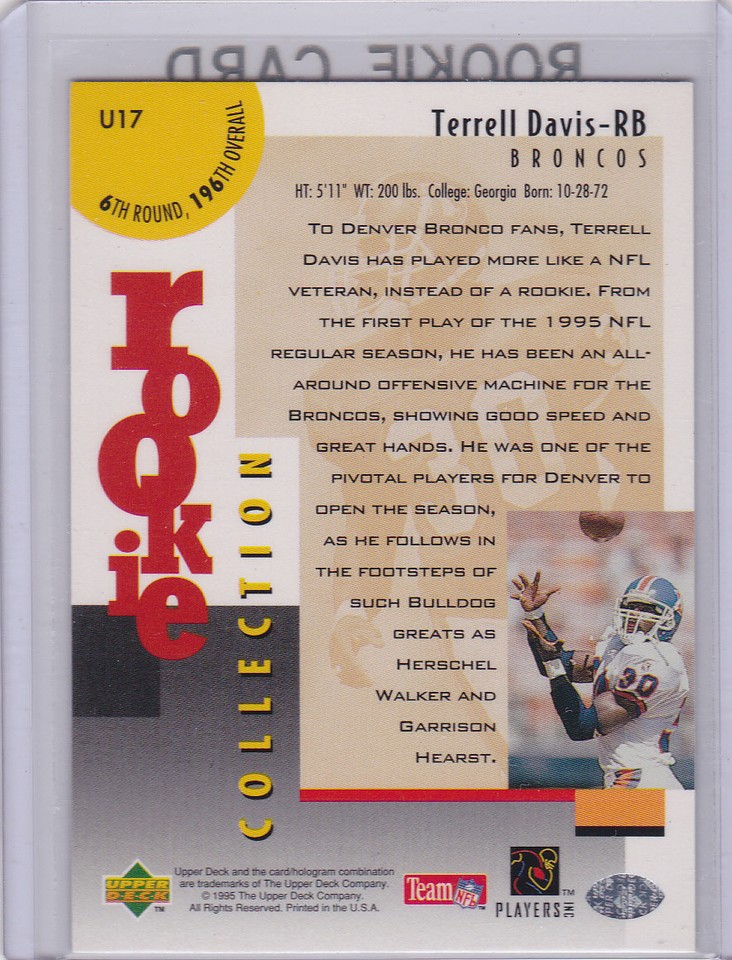 Terrell Davis ROOKIE CARD Denver Broncos Football 1996 Upper Deck ...
