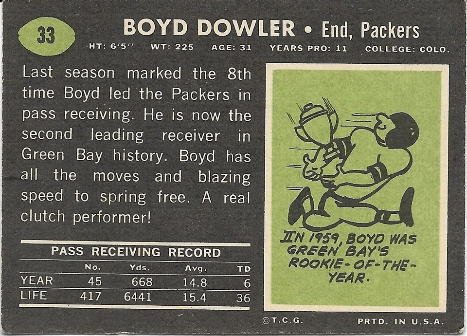 1969 Topps Boyd Dowler 33 Green Bay Packers Football Card Vintage | eBay