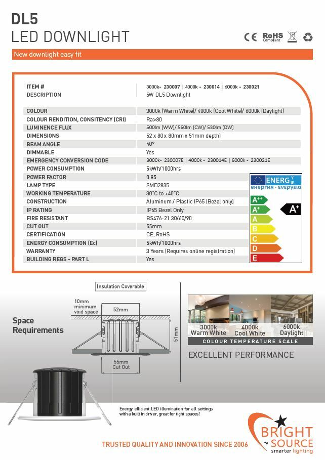 Bright Source DL5 5w LED IP65 Waterproof Fire Rated Ceiling Downlight ...