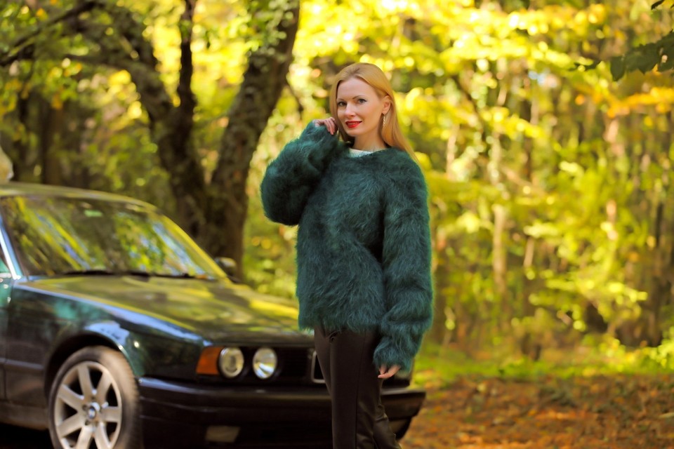 Green fuzzy mohair sweater hand knit soft top fluffy thick jumper ...
