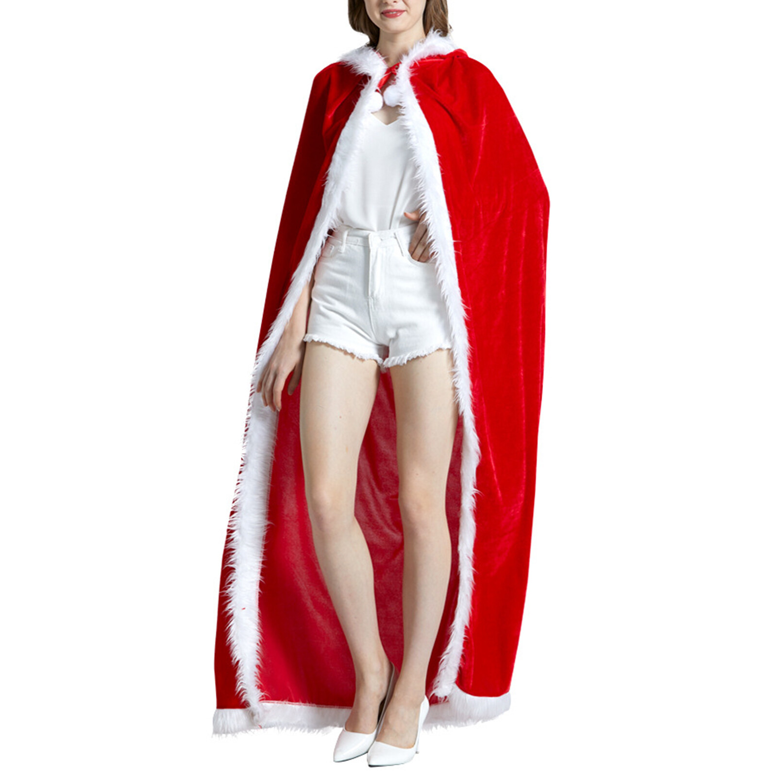 Women's Adult Christmas Velvet Faux Fur Hooded Cloak Cape Robe Cosplay ...