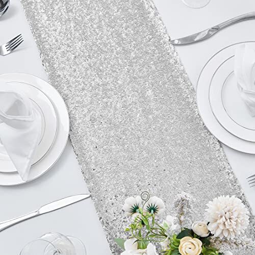 6 Packs 12 x 108 inches Silver Sequin Table Runner Glitter Silver Table ...