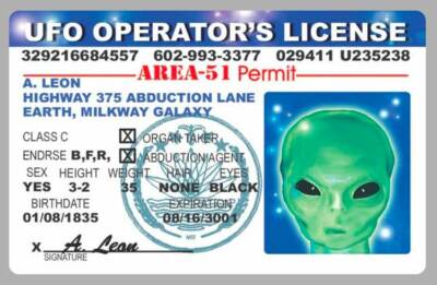 Alien UFO Operatior's Novelty Drivers License ID Card A. Leon Area 51 ...