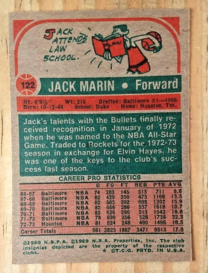 1973-74 TOPPS JACK MARIN CARD#122 BRAVES BULLETS CHICAGO BULLS HOUSTON ...