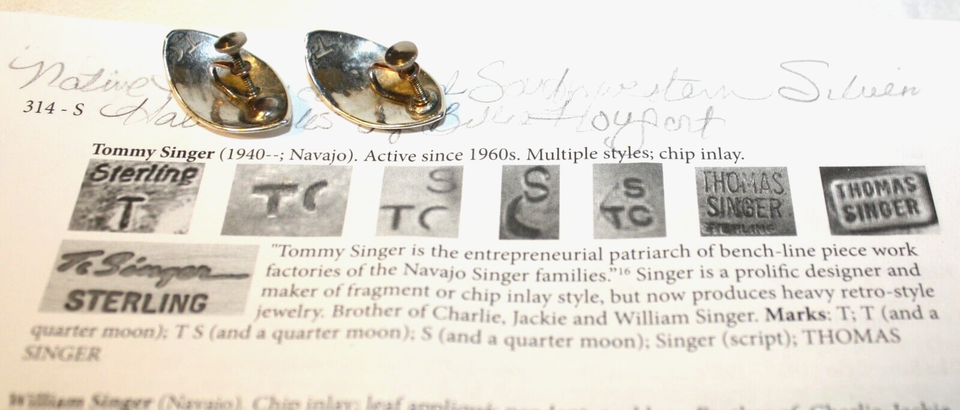 TOMMY SINGER NAVAJO STERLING SILVER OVERLAY SCREW BACK EARRINGS SIGNED ...
