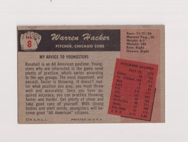 WARREN HACKER 1955 BOWMAN BASEBALL VINTAGE CARD #8 CHICAGO CUBS RARE ...