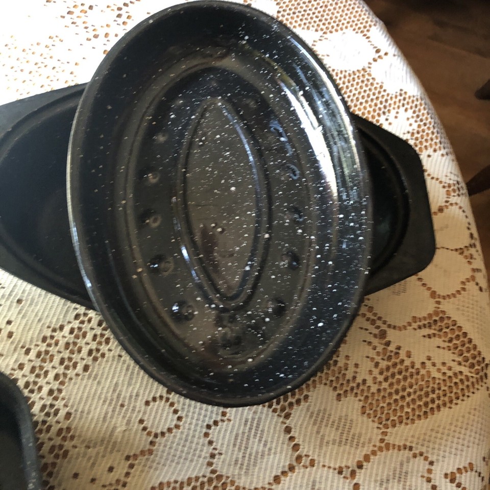 Vintage Black Roaster Pan Speckled Enamel Granite Ware Roasting Pan ...