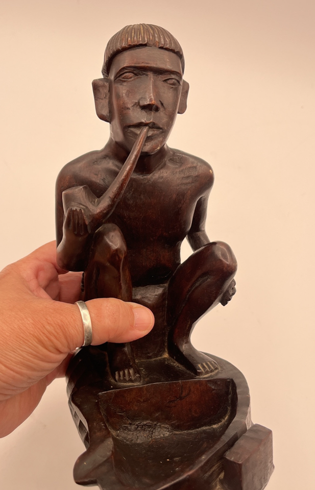 Vintage Hand Carved Tribal Man Smoking a Pipe Statue Wood Ashtray | eBay