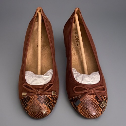 Vionic Minna Flats Women’s 5W Brown Leather Snake Bow Comfort Orthotic ...