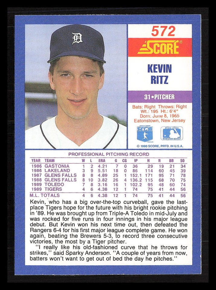 Kevin Ritz 1990 Score #572 Detroit Tigers | eBay