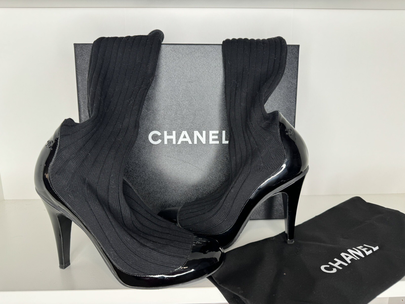 Chanel Black Patent Leather Heel Sock Legwarmer Boot… - Gem