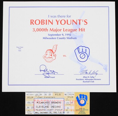 1992 Robin Yount Milwaukee Brewers 3,oooth Major League Hit Certificate ...