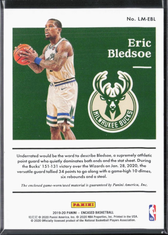 2019-20 Panini Encased Eric Bledsoe Label Materials #/99 Game Used ...
