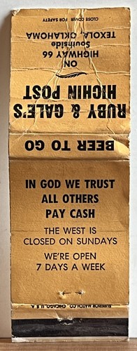 Ruby & Gale's Hichin Post Texola OK Oklahoma Vintage Matchbook Cover | eBay