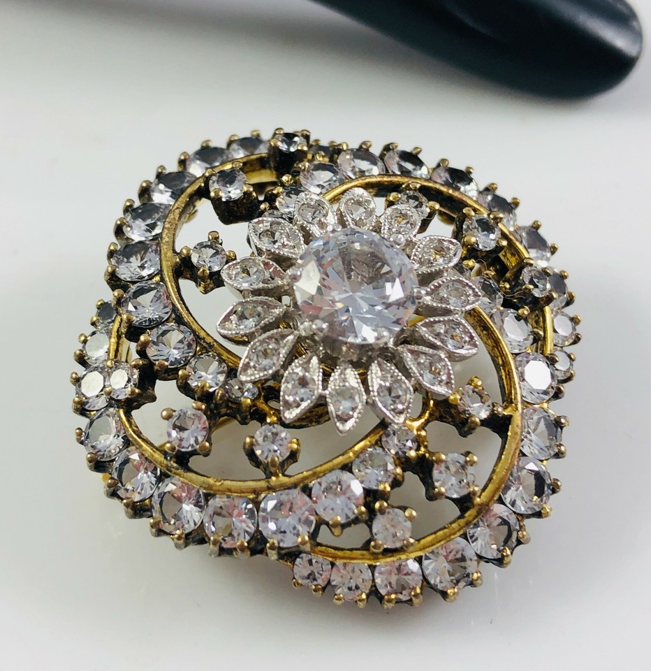 Antique Sterling Silver & Gold Wash Open Back Paste Rhinestones Swirl ...