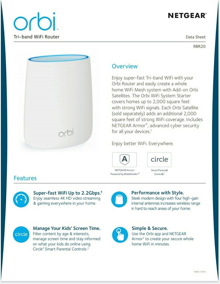 NETGEAR Orbi RBR20 Router AC2200 Mesh Network with WiFi 5 ~ Very Good ...