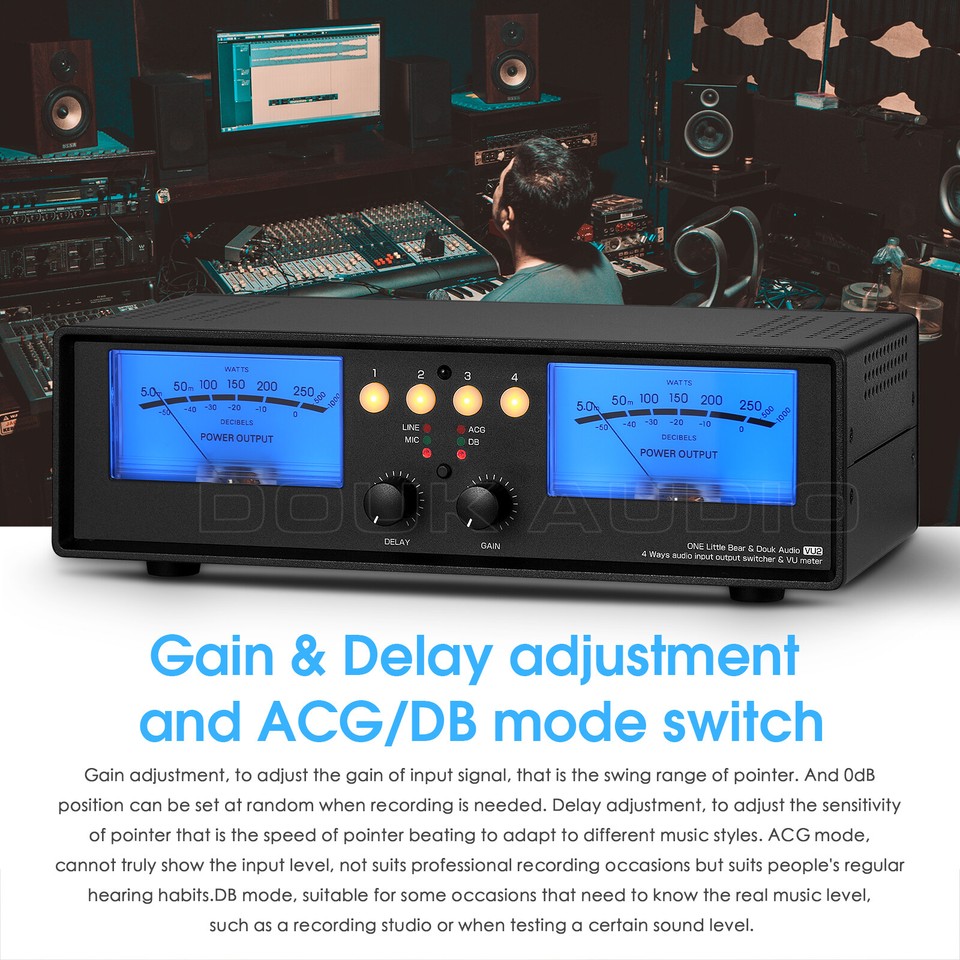 Douk Audio VU2 Dual Analog VU Meter Display 4-way RCA Audio Selector ...