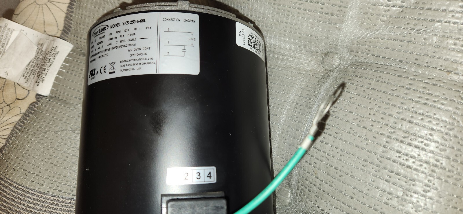 LENNOX# 14Y70#104607-02 1/3HP 460VOLT 1075 RPM CONDENSER MOTOR #YKS-250 ...