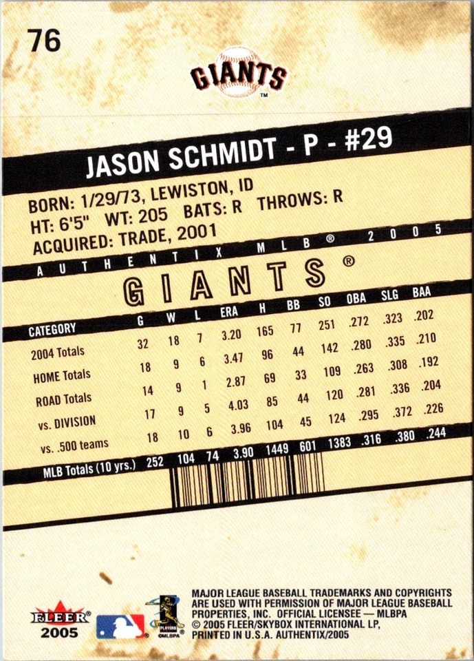 2005 Fleer Authentix Jason Schmidt #76 San Francisco Giants Baseball ...