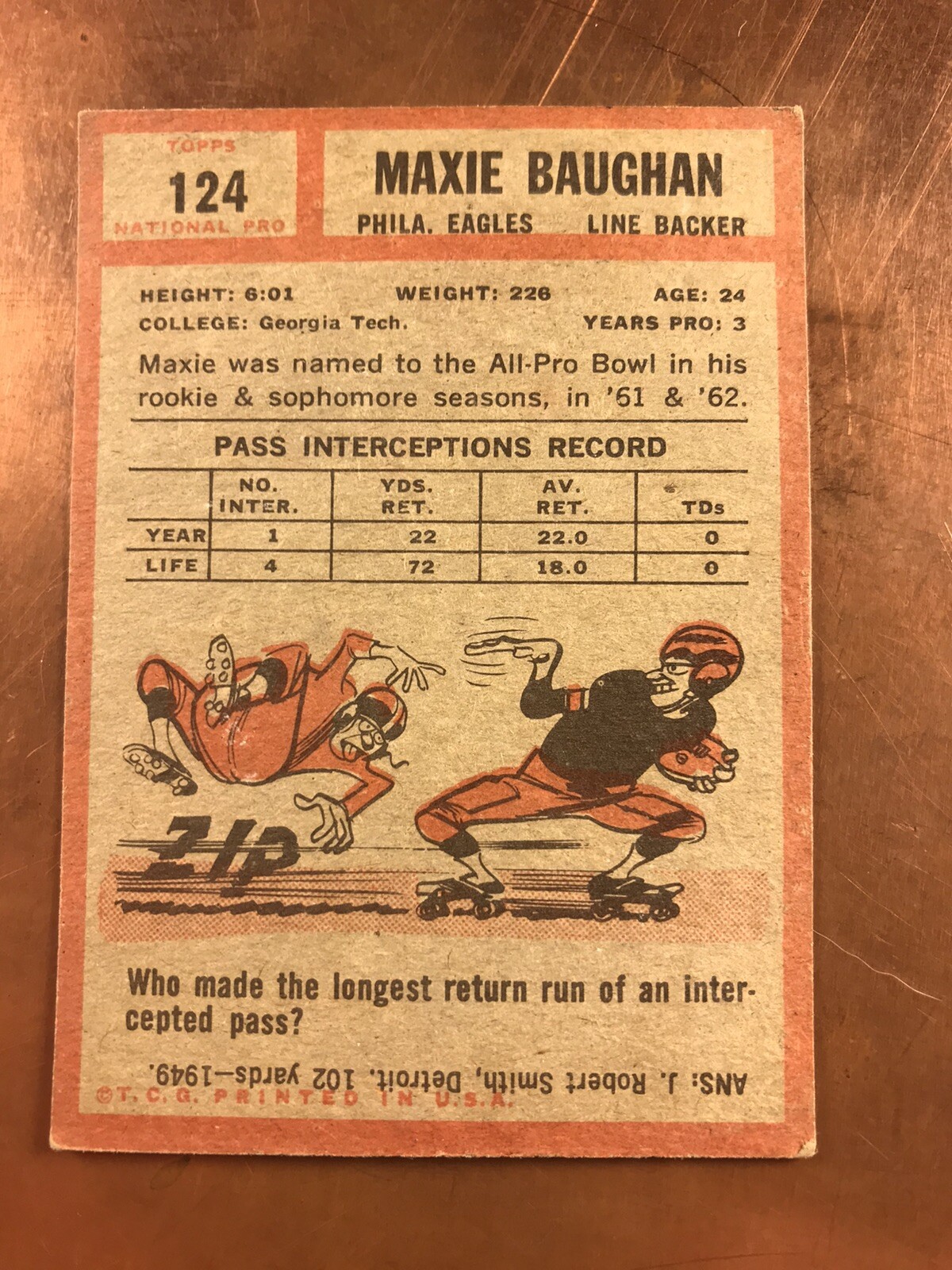 Maxie Baughan 1962 Topps #124, very nice corners, centered, slight ding ...
