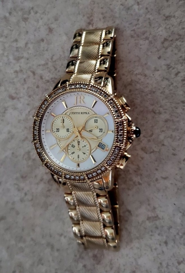 Judith Ripka Watch Chronograph Jeweled Gold Tone Mother of Pearl Dail 7 ...