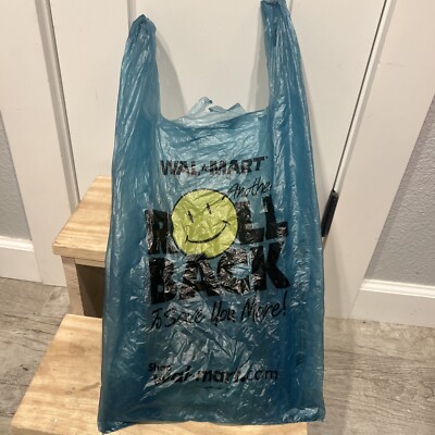 2001 Vintage Blue Plastic Walmart Shopping Store Bag Roll Back Smiley ...