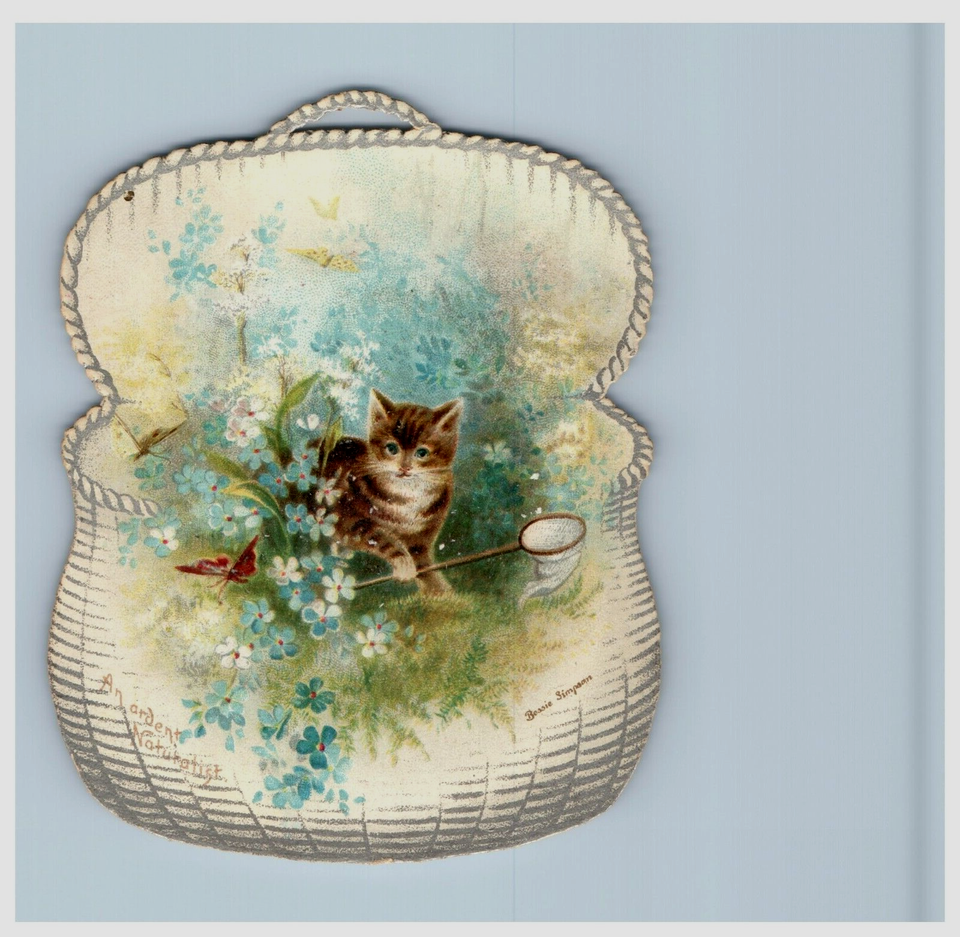 1880s-90s Die-Cut Basket Cat With Butterfly-Insect Net Bessie Simpson ...