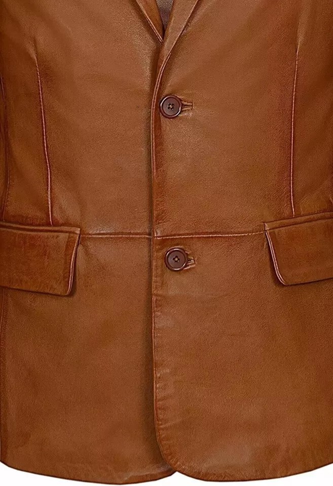 Men's Genuine Lambskin Leather Brown Blazer Two Button Coat Casual ...