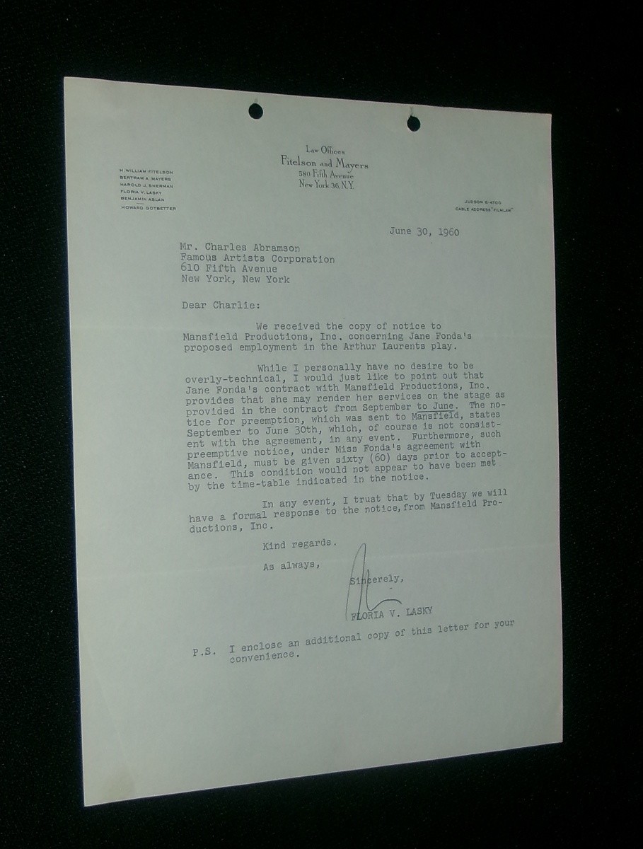 JANE FONDA INVITATION TO A MARCH Contract Dispute Letter SIGNED Att ...