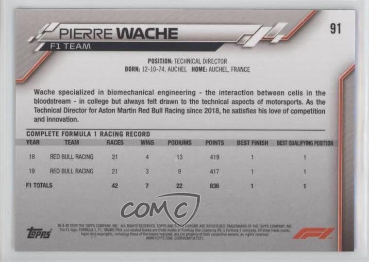 2020 Topps Chrome Sapphire Edition Formula 1 F1 Crew Pierre Wache #91 ...
