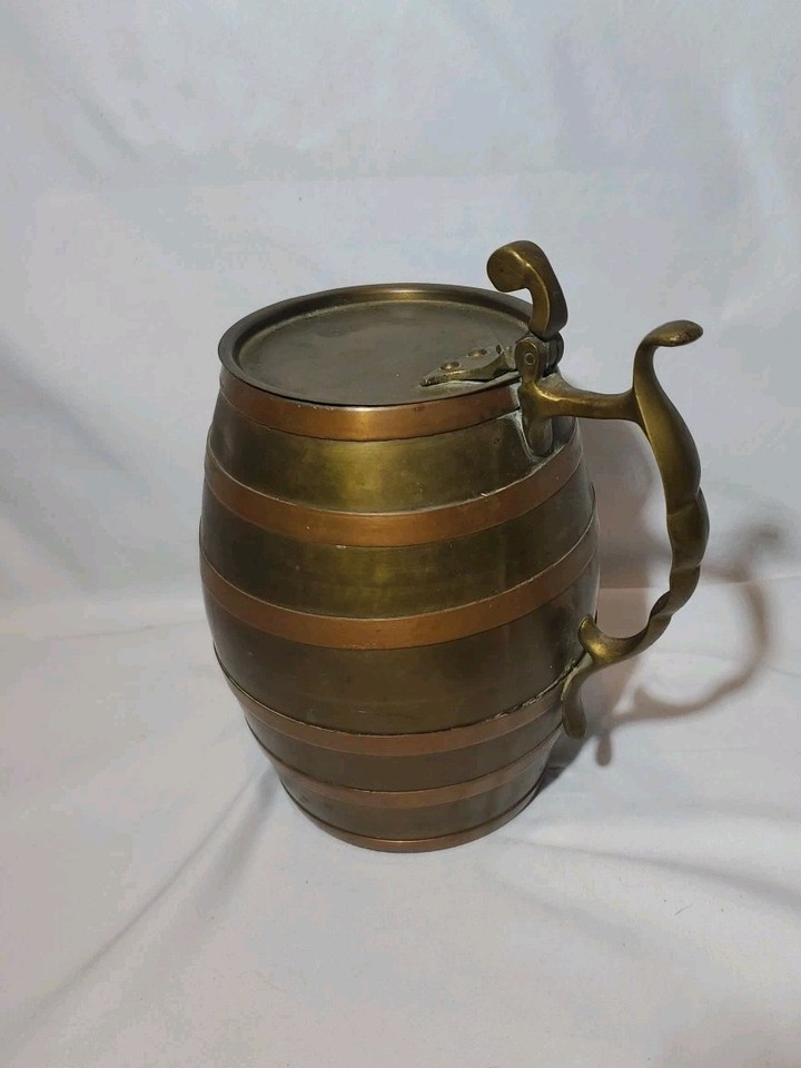 Vintage Brass/Copper Tankard Beer Stein Barrel Flagon Mug Hinged Lidded ...
