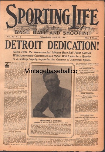 RARE 1912 Sporting Life Baseball Magazine Dedication DETROIT TIGERS ...