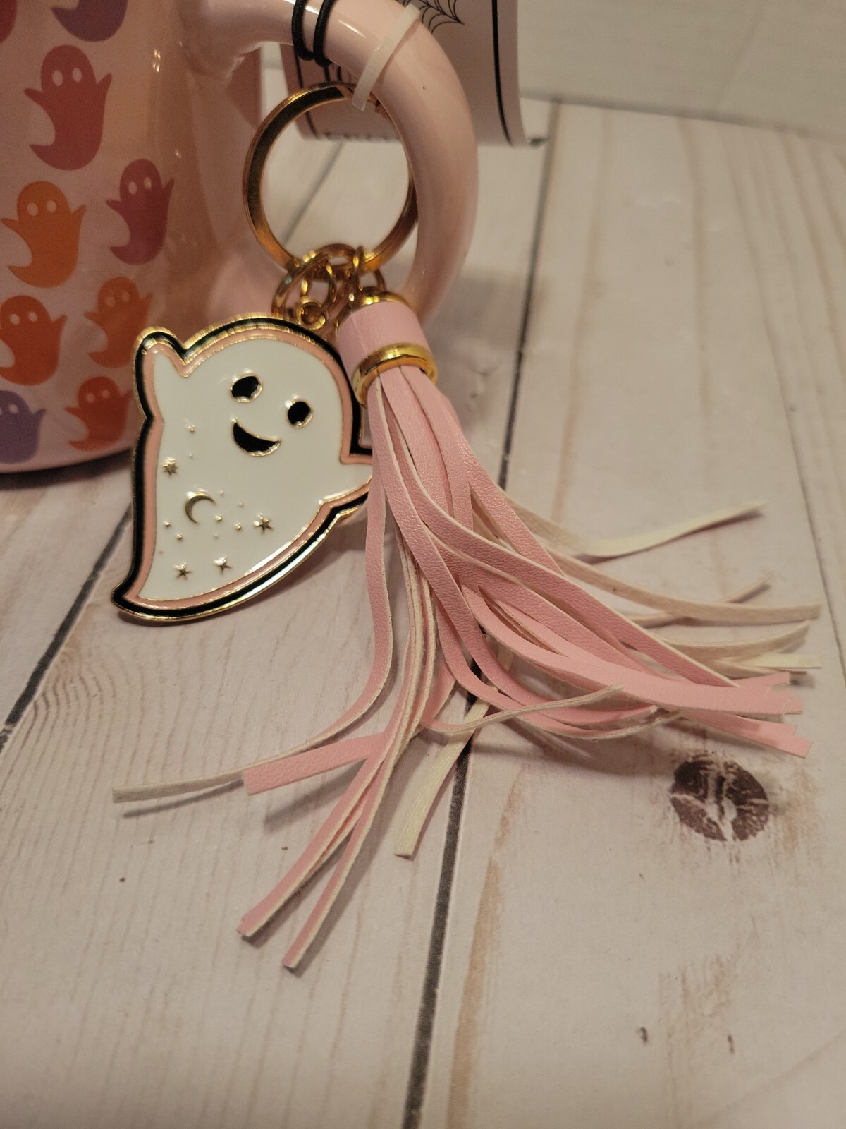 Cobwebs And Cauldrons Halloween Pink Ghost Mug w/ Little Ghost Keychain ...