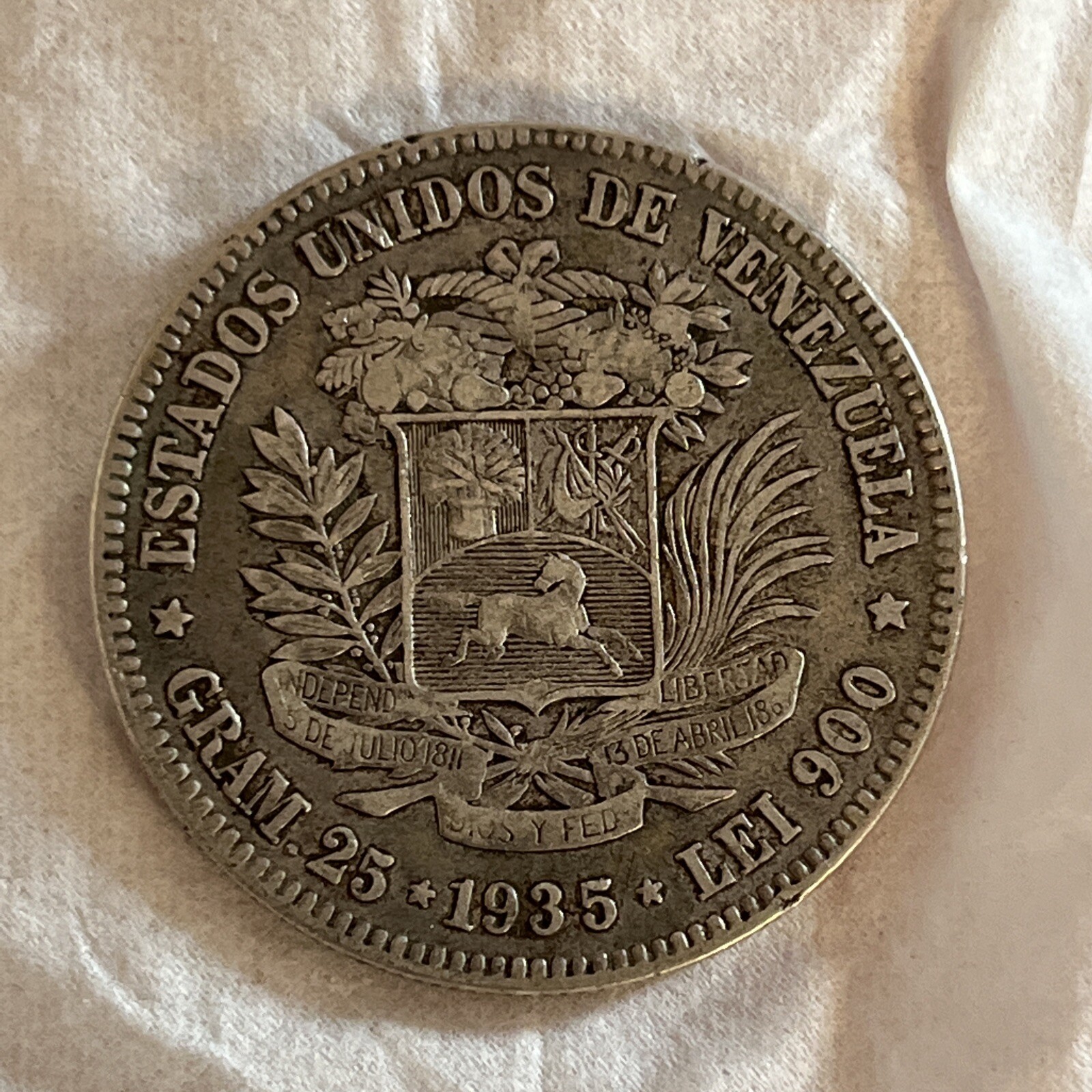Venezuela Coin "Fuerte" 5 Bolivares Bs 1935 Silver .900 37.2mm 25gr. KM ...