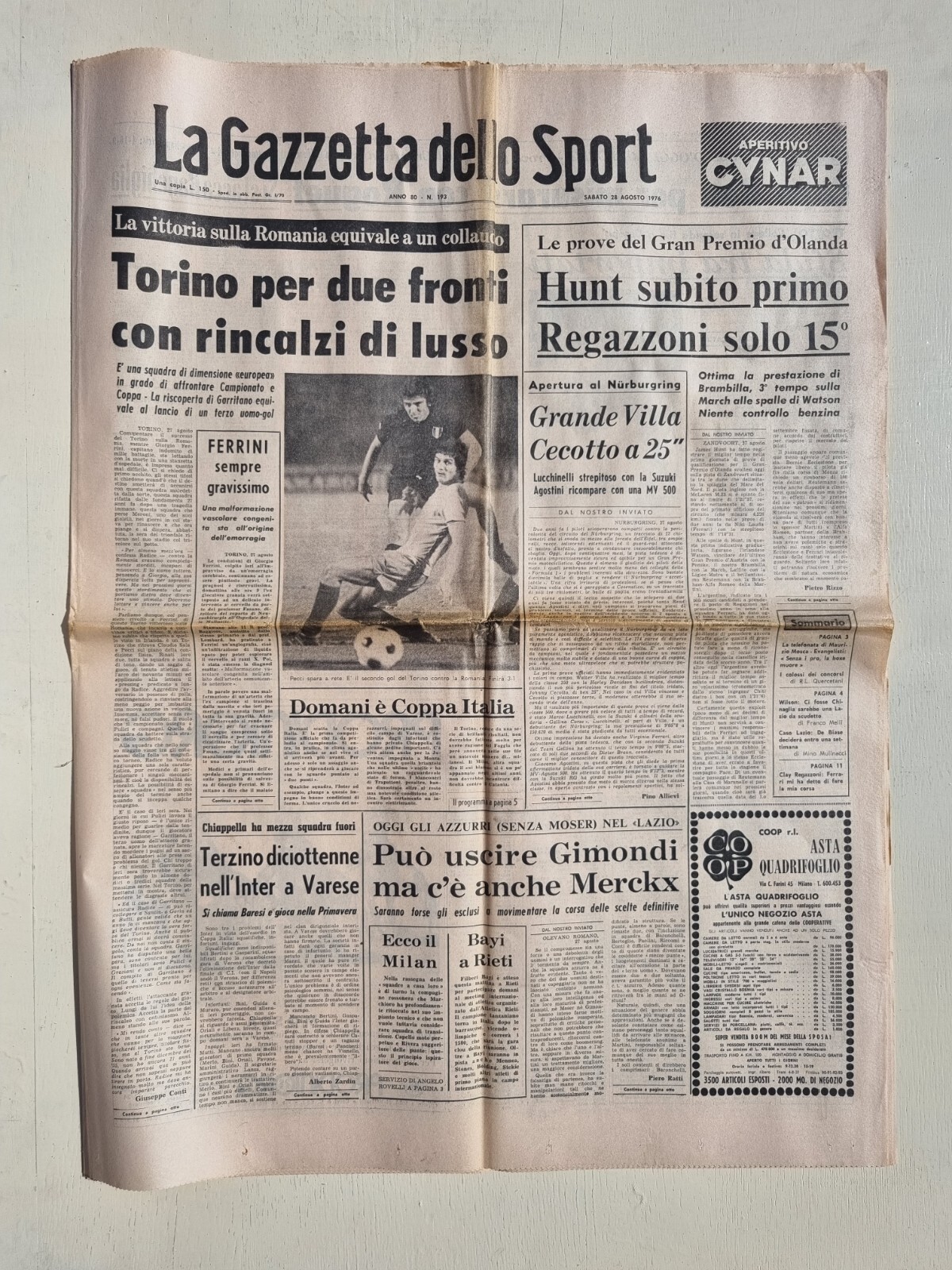 GAZZETTA DELLO SPORT 28 AGOSTO 1976 GIUSEPPE BARESI INTER - JAMES HUNT ...
