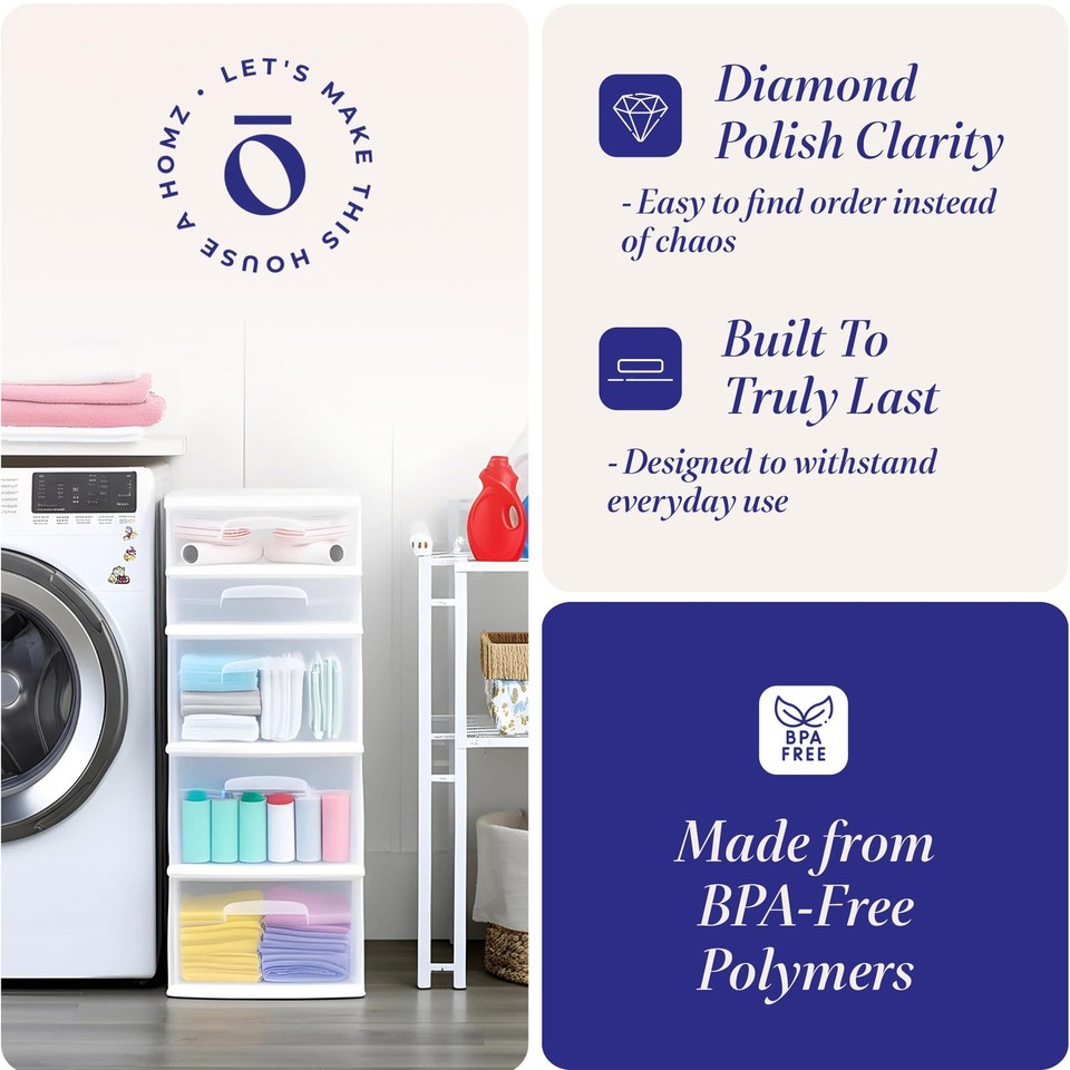 2-Pack Drawer Tower, 5-Tier Clear Plastic Storage Organizer Unit, White ...