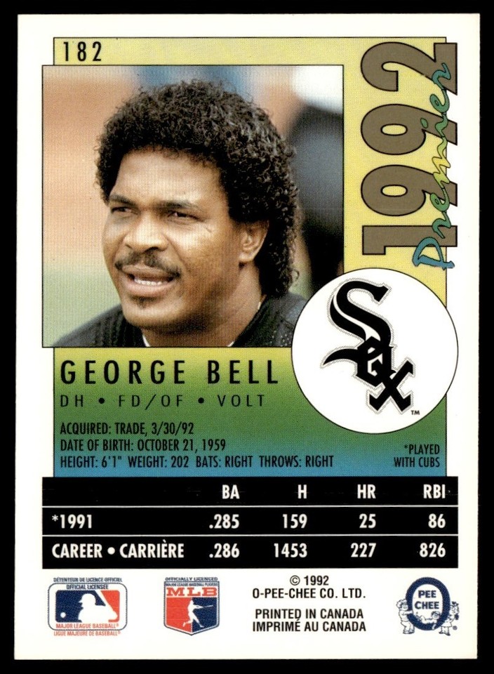 1992 O-Pee-Chee Premier George Bell Chicago White Sox #182 | eBay