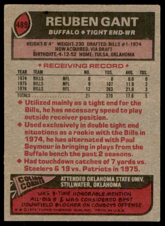 1977 TOPPS REUBEN GANT . BUFFALO BILLS #489 | eBay