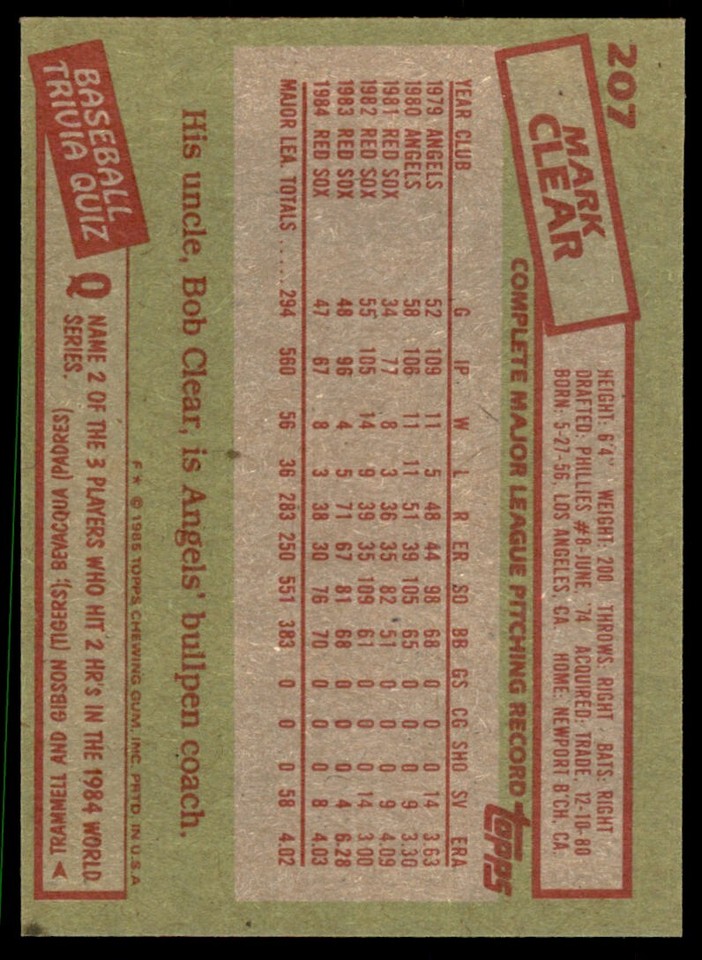 1985 Topps Mark Clear Baseball Cards #207 | eBay