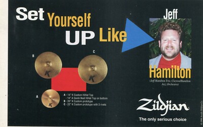 1996 small Print Ad of Zildjian Drum Cymbal Setup w Jeff Hamilton | eBay