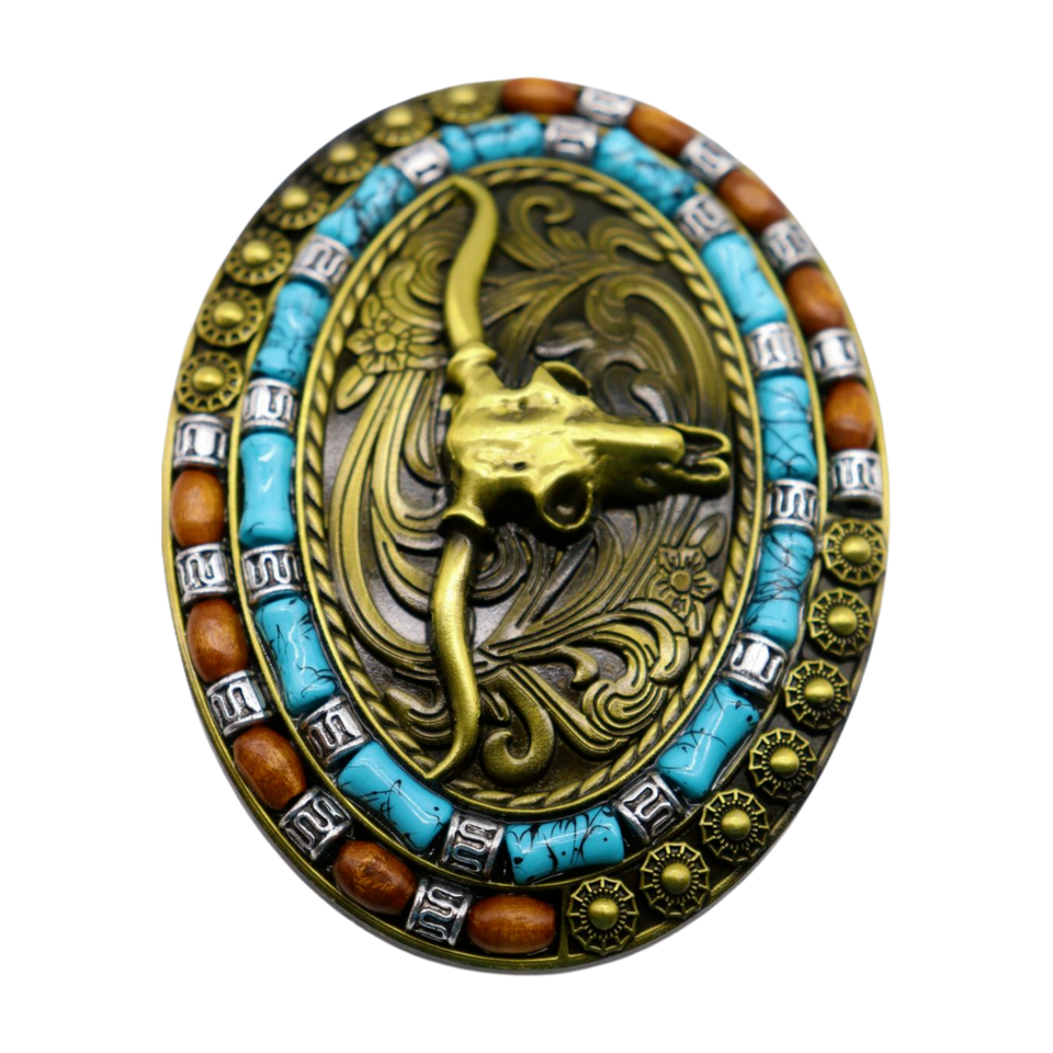 Men Antique Gold Metal Buckle Western Fashion Bull Long Horns Cow ...