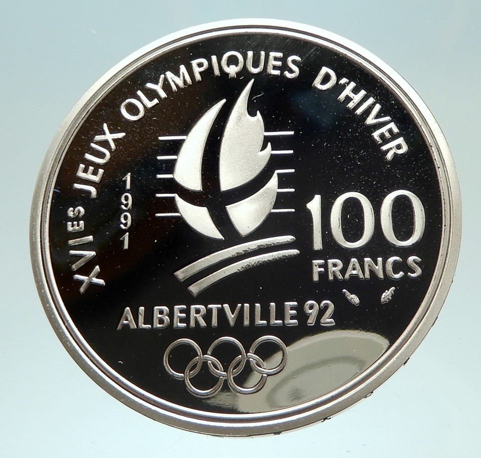 1991 FRANCE Cross Country Skiing 1992 Olympics Proof Silver 100F Coin ...