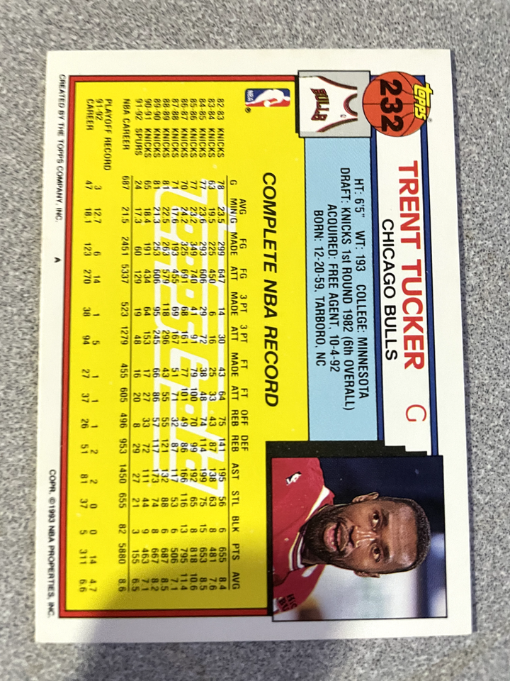 1992-93 Topps Basketball Gold Trent Tucker Card #232 Bulls | eBay