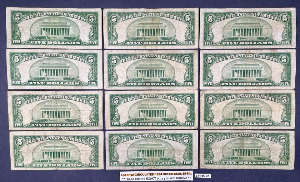 Lot of (12) TWELVE 1934 GREEN SEAL $5 FIVE Dollar Bills Federal Reserve ...