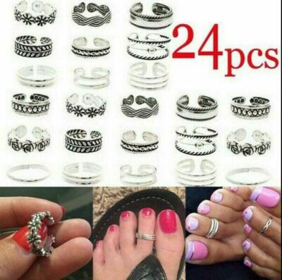 24Pcs/set Women Open Finger Punk Foot Jewelry Silver Daisy Toe Ring ...