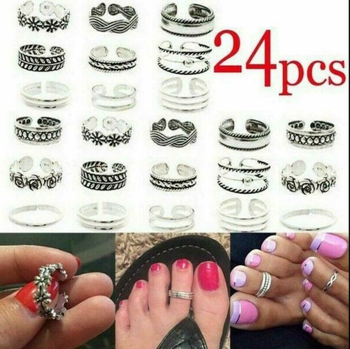 24Pcs/set Women Open Finger Punk Foot Jewelry Silver Daisy Toe Ring ...