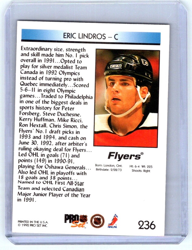 1992 Pro Set #236 Eric Lindros Flyers Rookie RC Excellent | eBay
