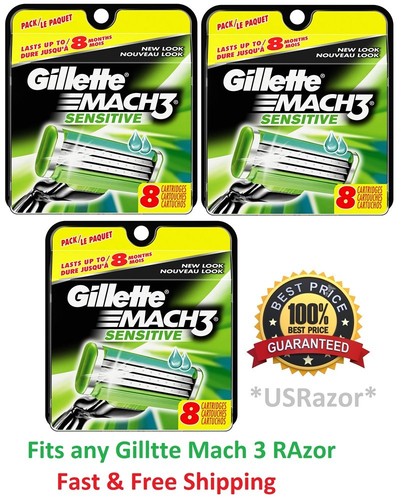24 Gillette Mach3 Sensitive Razor blades Cartridges Power Refills ...